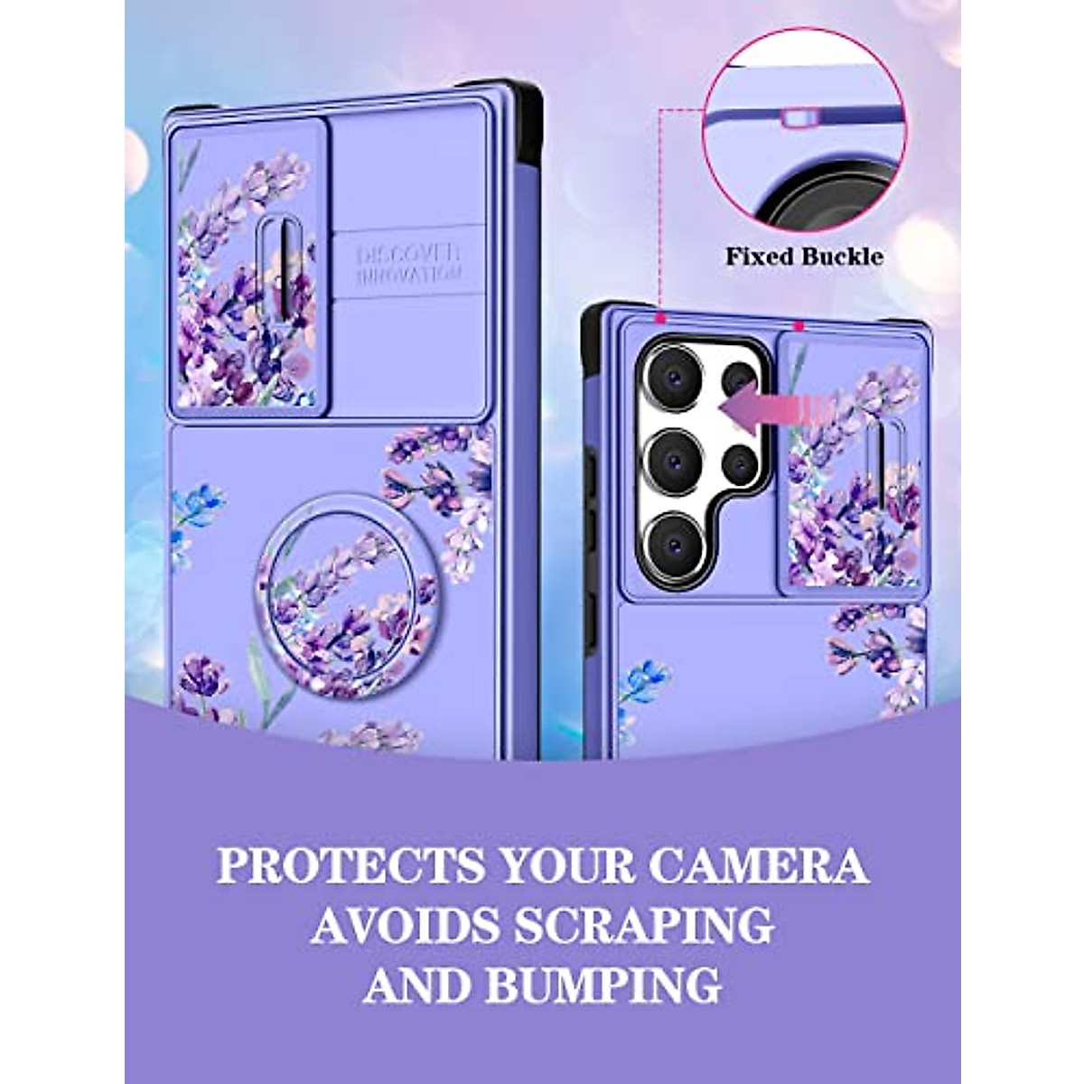 Goocrux (2in1 for Samsung Galaxy S23 Ultra Case Floral Flowers for Women Girls Girly Phone Cover Cute Lavender Flower Design with Slide Camera Cover+Ring Holder Purple Cases for S23 Ultra 5G 6.8''