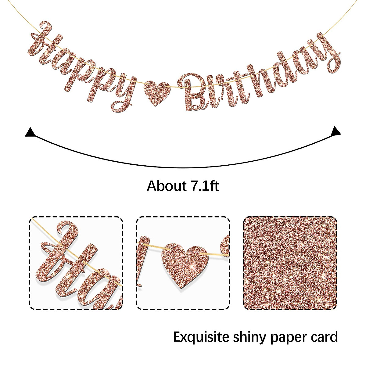 MonMon & Craft Happy Birthday Banner / Children Adults Boys Girls Birthday Party Decor / Birthday Party Decorations Rose Gold Glitter