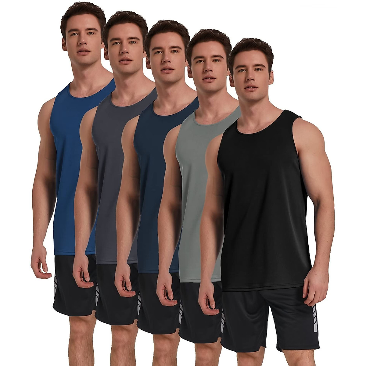 TELALEO 5 Pack Men's Workout Tank Tops Sleeveless Mesh Muscle Gym Shirt Quick Dry Black/Gray/Charcoal/Navy/Blue M
