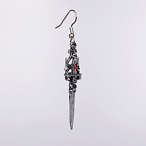 Gothic Skull Dagger Medieval Renaissance Dangle Earrings with Red Austrian Crystals
