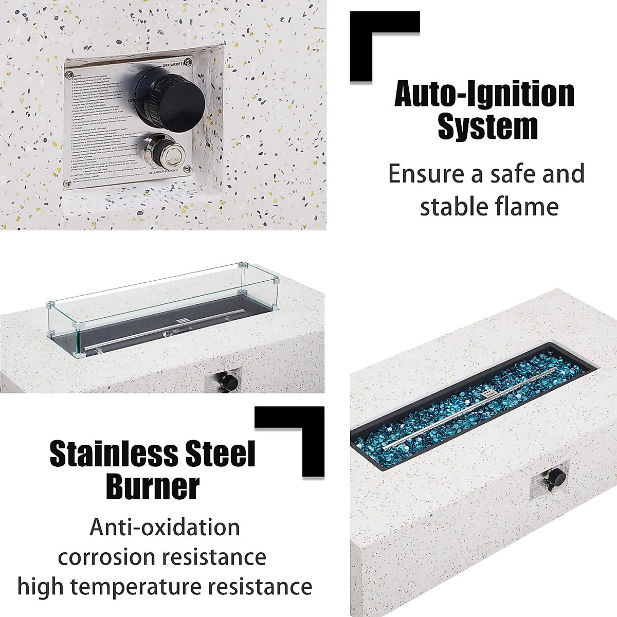 Essential Lounger 56 Inch Firepit Table for Outside, 50,000 BTU Rectangular Concrete Outdoor Firepit Tables with Wind Guard,Waterproof Cover,Lava Rocks,Side Handles,Big Propane Gas Fire Table - Grey