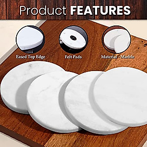 Mela Artisans Set of 4 Hand Crafted Marble Coasters - White, Round | Coffee Table Decor | Absorbent Keeping Surfaces Dry & Safe | Ideal for Wine Glasses, Water Cups or Beer Mugs