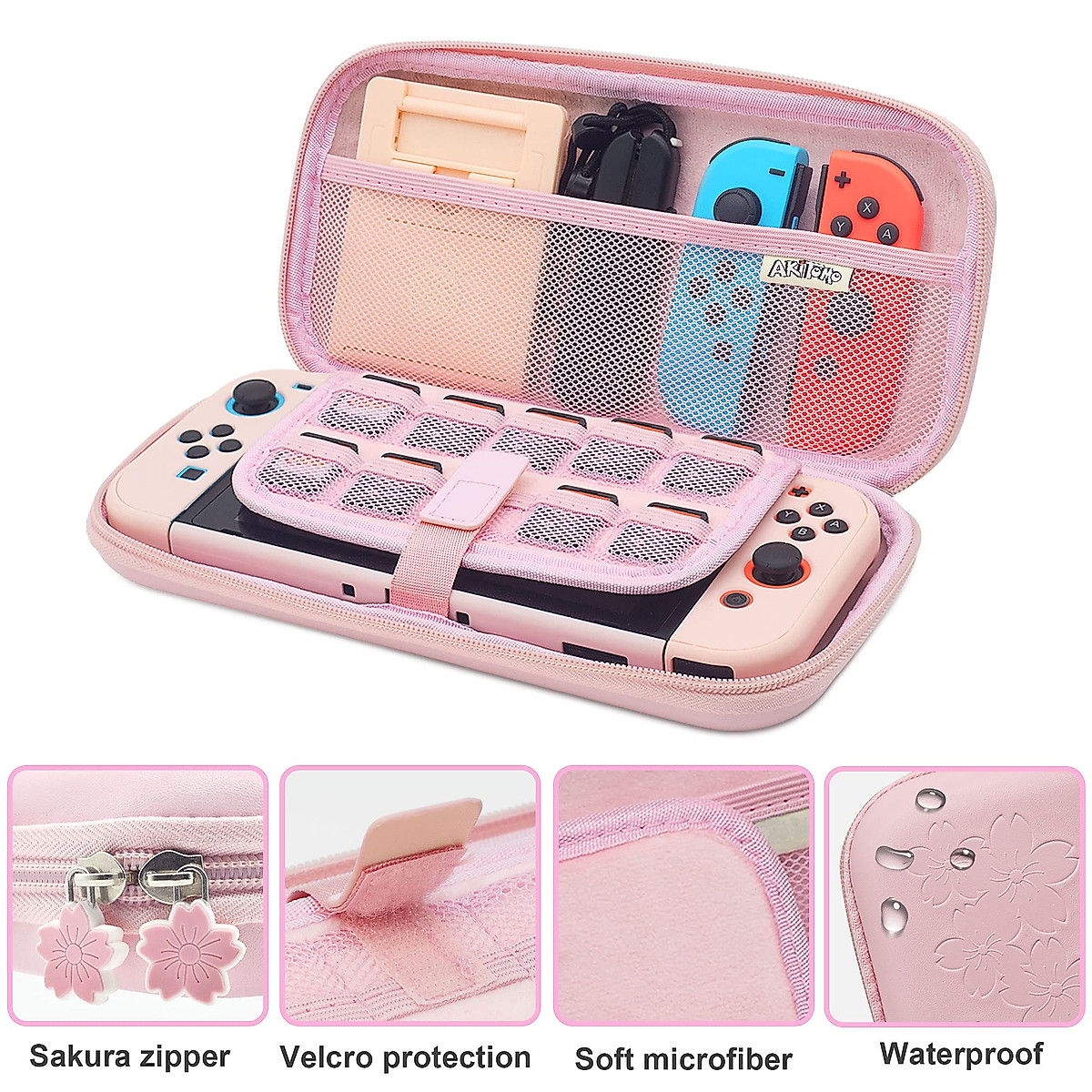 BRHE Cute Travel Carrying Case for Nintendo Switch Accessories Kit with Hard Protective Cover, Glass Screen Protector, Adjustable Stand and Thumb Grip Caps 10 in 1(Switch Pink)