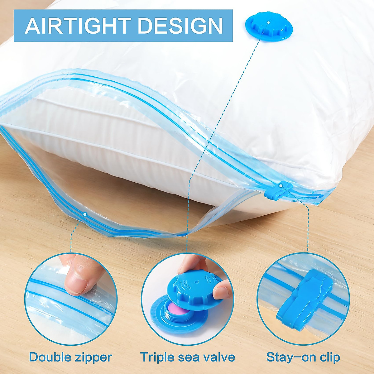 8 Pack Large Vacuum Storage Bags, Space Saver Vacuum Bags, Large Vacuum Seal Bags For Clothing, Clothes, Pillows, Comforters, Blankets, Bedding with Hand Pump