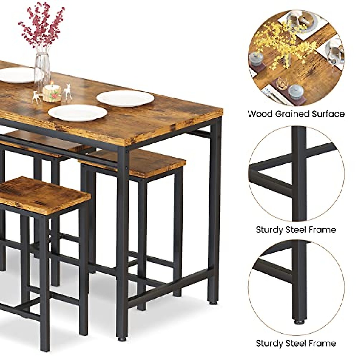 Lamerge Dining Bar Table Set for 4, Modern Counter Height Table and 4 Bar Stools, 5 Piece Bar Table and Chairs Set for Small Spaces, Apartment, Pub, Dining Room, Kitchen (Rustic Brown)