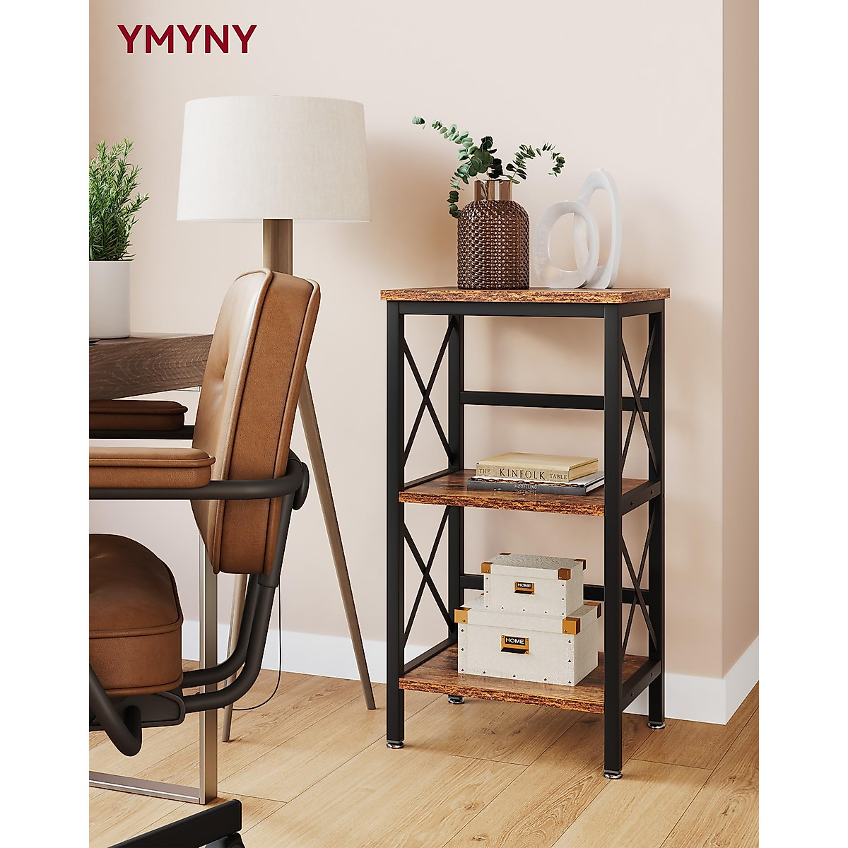 YMYNY 3 Tiers Bookcase, Industrial Metal Bookshelf with Side Fence, Storage Organizer for Living Room, Home Office, Bedroom, Display Racks, Sofa Side Table, Rustic Brown, 29.5*15.75*11.4" UHST008H