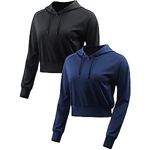 CADMUS Women's Workout Long Sleeve Shirts with Hoodie Sweatshirt Running Crop Top 2 Pack, Black, Navy Blue, Large