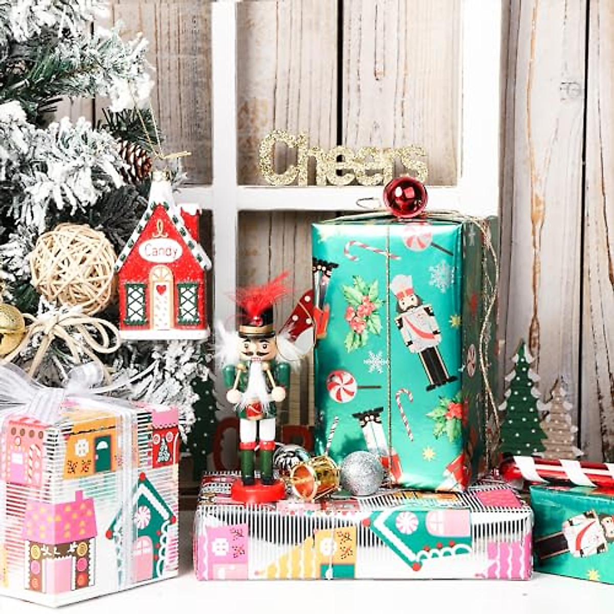 LeZakaa Christmas Metallic Foil Wrapping Paper - Mini Roll - Nutcracker/Snowflake/House Print for Gift Wrap, DIY Craft - 17 x 120 inches - 3 Rolls (42.5 sq.ft.ttl.)