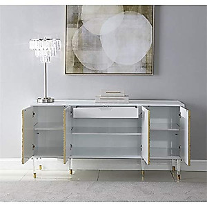 Meridian Furniture Bellissimo Collection Modern | Contemporary Lacquer Sideboard/Buffet Tipped Acrylic Legs Wood Design, 64" W x 18" D x 31" H, White/Gold