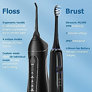 Electric Toothbrush with Water Dental Flosser, 4H Charge 30 Days Use, 4 Modes Cordless Dental Flosser Picks, 3 Modes Sonic Electric Toothbrush, 4 Brush Heads and 4 Water Jet Tips