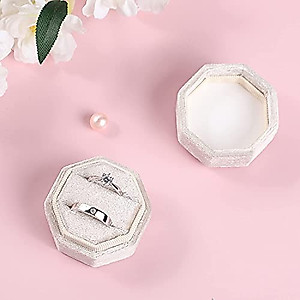 Etercycle Velvet Ring Box, Octagon Gorgeous Vintage Double Jewelry Ring Gift Box with Detachable Lid for Proposal Engagement Wedding Ceremony (Beige)
