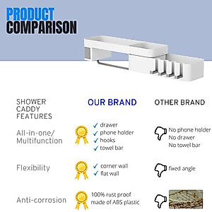 About Casa Wall Adhesive Shower Organizer, White and Grey Corner Shower Caddy, 2 Racks with drawer, hooks and towel bar, Large Storage Shelves for inside shower, bathroom