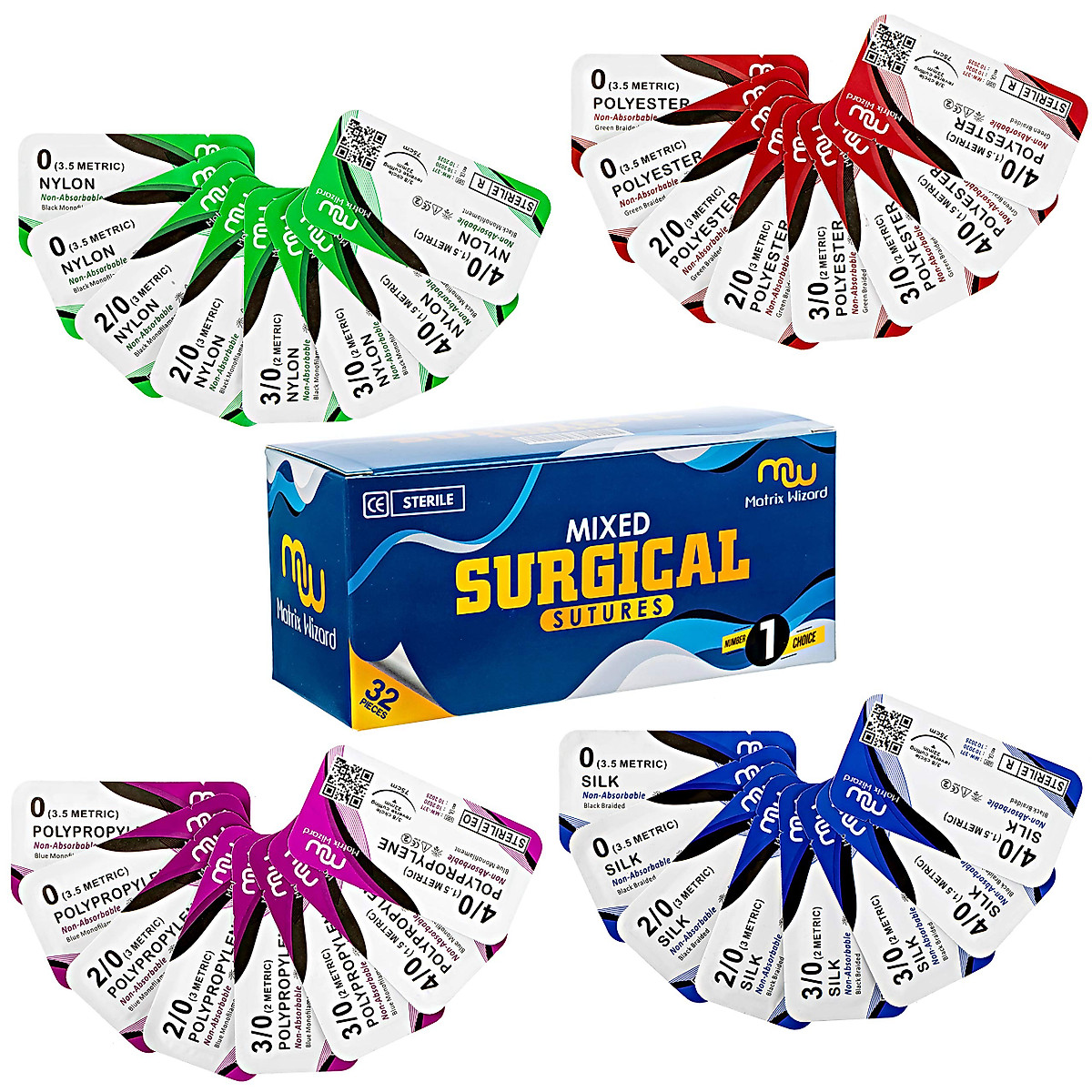 Mixed Sterile Sutures Thread with Needle 32PK (0, 2-0, 3-0, 4-0) Non-Absorbable - Surgical Emergency Practice, Medical, Nursing, EMT, PA, Dental, Veterinary Student's Hospital Training Kit, Taxidermy