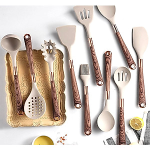 Chef Kitchen Cooking Utensils Set, Non-Stick Silicone Cooking Kitchen Utensil Set with Holder, Wooden Handle Silicone Kitchen Gadgets Utensil Set (OakWood)