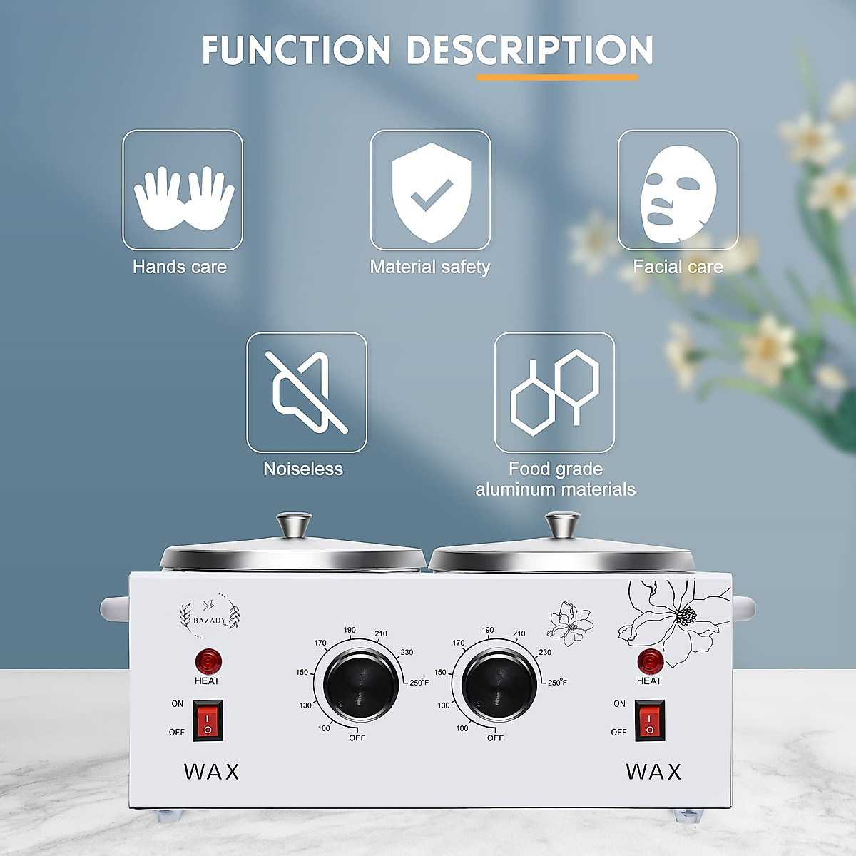 Bazady Double Wax Warmer Professional-for use at Home and Beauty Salon, Double Wax Pot, Unisex, Double Wax Warmer Adjustable Temperature degrees Fahrenheit-Leave your Skin Soft