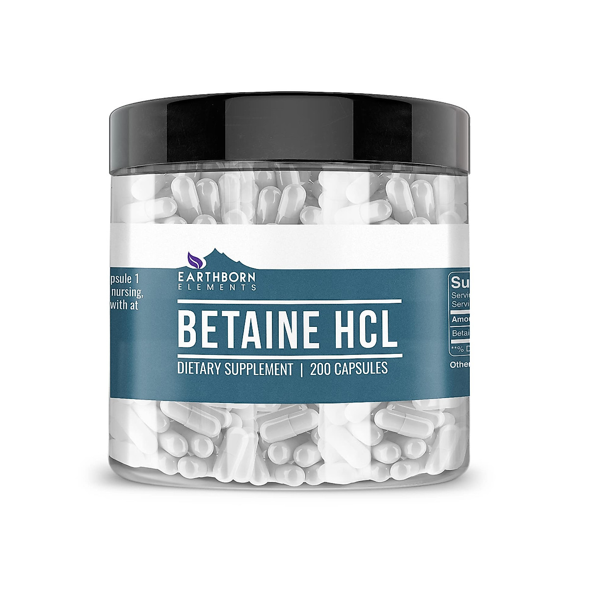 Earthborn Elements Betaine HCL, 200 Capsules, Lab-Tested, No Filler or Additives