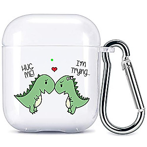 JOYLAND Soft Clear Case Cover for AirPod 1&2 w/Keychain Ring Carabiner Clip,Dinosaur Couple Case Transparent Wireless Earphone Case Smooth Anti-dust Flexible Silicone Protective Cover fr AirPods 1 & 2