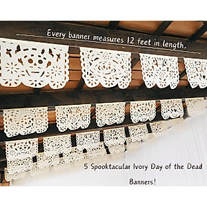 Off White Papel Picado Dia de Los Muertos Altar, Day of the Dead banner, Paper Party Decoration, Mexican Calaveras 5 Pack|Tissue Paper
