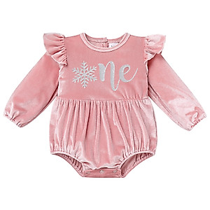 1st Birthday Snowflake Outfit Baby Girl Velvet Romper Infant Newborn Toddler First Birthday Outfits Bodysuit Headband Socks Cake Smash Christmas Fall Winter Clothes Onederland Photo Shoot Supplies