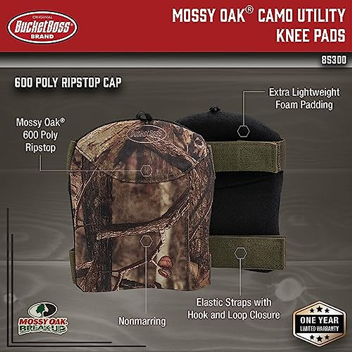Bucket Boss Utility Camo Knee Pads in Mossy Oak Camo, 85300, Greens