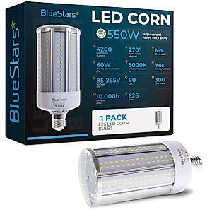 BlueStars Super Bright 60W E26 LED Corn Light Bulbs E26 Medium Base 4200 Lumens (550W Equivalent) Cool White 5000K, for Homes, Outdoors, Commercial, Warehouses, Garage & Backyard Lighting
