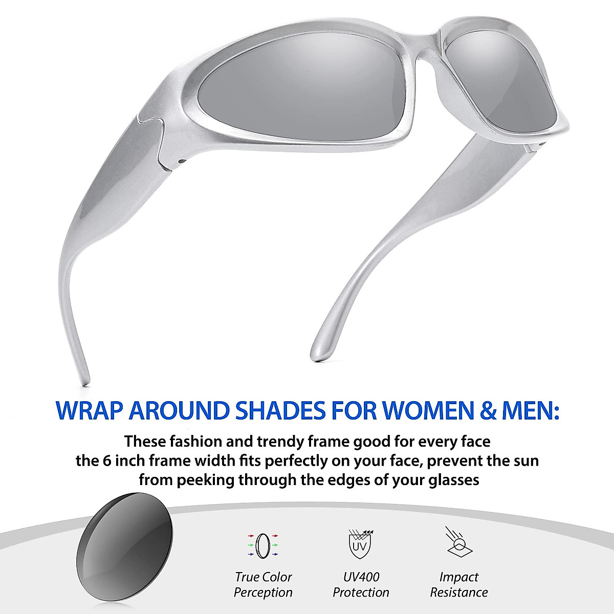LIKSMU Wrap Around Street Fashion Sunglasses for Women Men Swift Oval Trendy Shades Sun Glasses 100% UV Protection Silver Mirrored Lens and Silver Frame