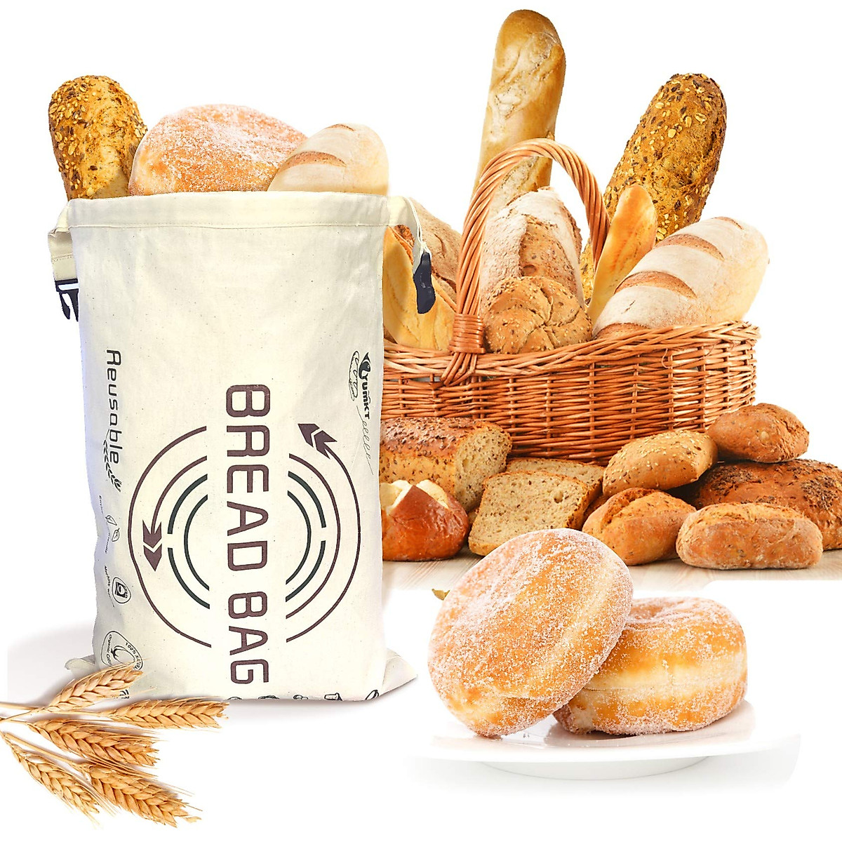 Tribe Glare Bread Bags for Homemade Bread, Organic Cotton Reusable Bread Bag with Fresh-keeping Linen, Baggette Boule Bag for Bakery Supplies and Food Storage, Khaki