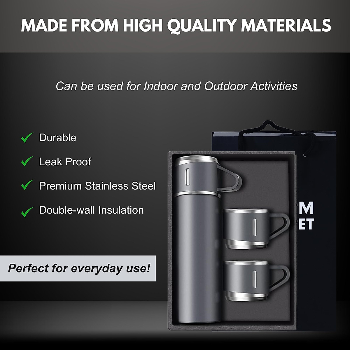 Gray Vacuum Flask Set - Insulated Water Bottle w/ 3 Cups Gift Set - Thermos Water Bottle for Hot and Cold Drinks - Reusable Stainless Steel Water Bottles for Indoor and Outdoor Activities (17 Fl Oz)