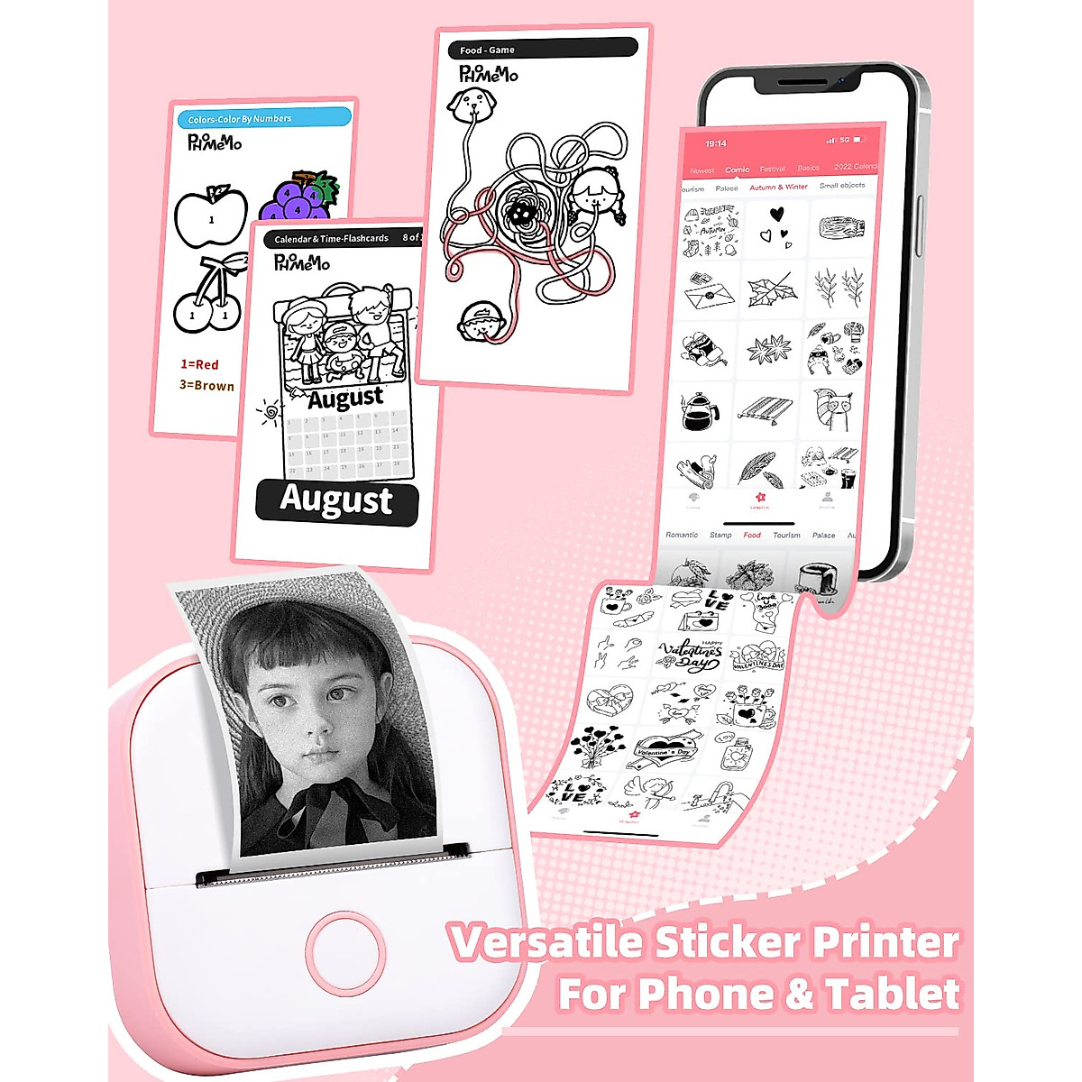 Memoking T02 Small Thermal Printer for Phone, Portable Wireless Note Printer with 3 Rolls Paper for Children’s Day Birthday and Printer Case