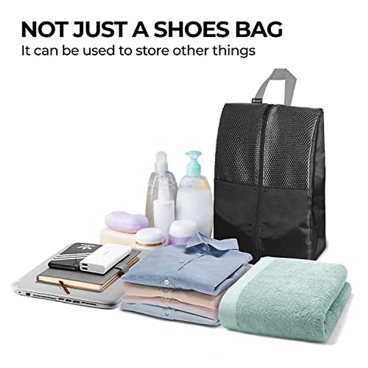 HANOZI Shoe Bags For Travel, Used As For Storage or Shoe Travel Bag, Space Saving When Travelling With This Travel Shoe Bags For Packing, Featuring Waterproof Nylon Sneaker Bag (Black, 2 Pack, Medium)