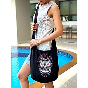 Fully Lined Sugar Skull Hippie Hobo Sling Crossbody Bag - Outside Phone Pocket, Metal Zippers, Wide Lined Shoulder Strap