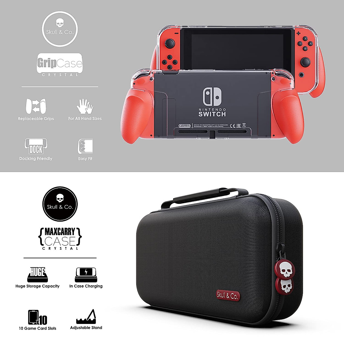Skull & Co. GripCase Crystal Bundle: A Dockable Transparent Protective Cover Case with Replaceable Grips [to fit All Hands Sizes] for Nintendo Switch -Double Neon Red