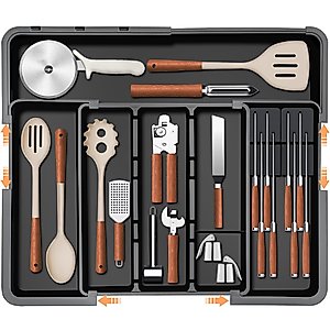 Homecor Utensil Drawer Organizer, Large Expandable Silverware Organizer for Kitchen Drawer, Cooking Utensils Tray Cutlery Flatware Holder with Removable Knife Blocks, Kitchen Gadgets Storage, Black