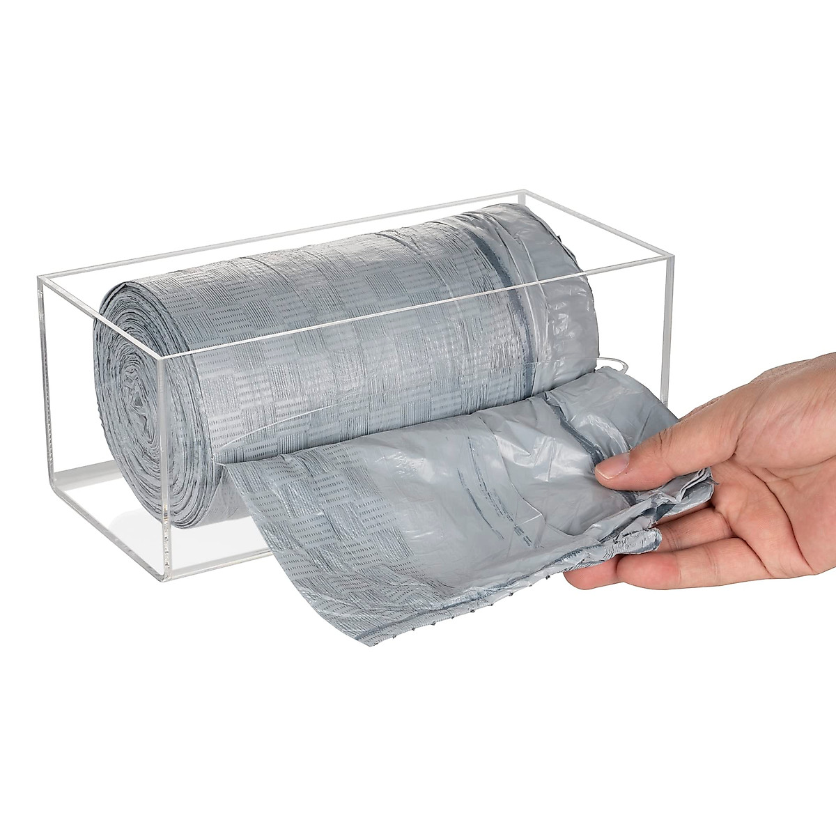 SEANADO Trash Bag Dispenser Holder, Wall Mount Acrylic Kitchen Single Side Loaded Organizer Storage Box Holder for Garbage Bag Grocery Bag Plastic Bag(10 x 4.7X 4inches)
