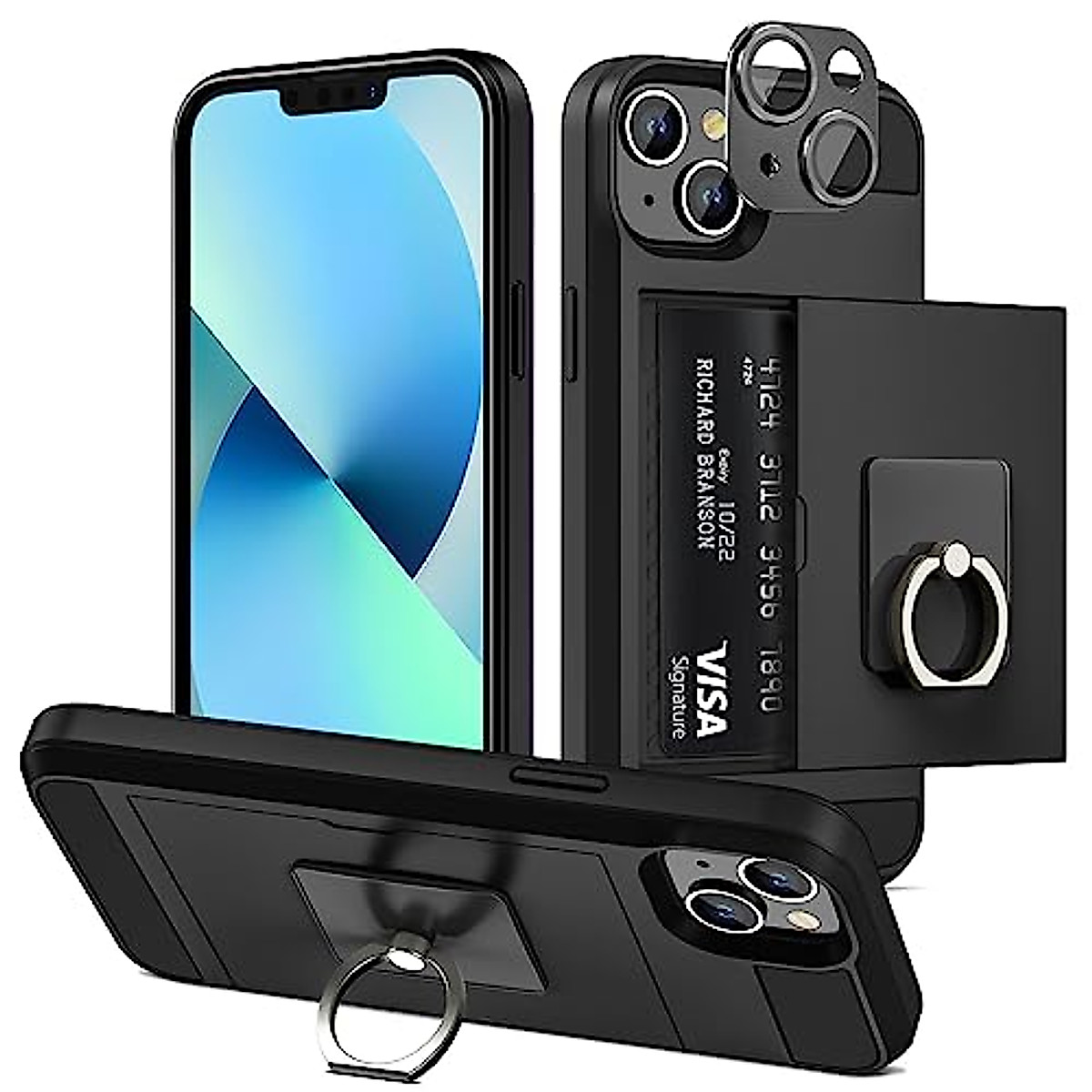 Vofolen for iPhone 13 Case Wallet Credit Card Holder with Transparent Ring Stand Kickstand, Camera Lens Protector Hidden Pocket Anti-Scratch Dual Layer Slim Protective Cover 6.1 inch Black