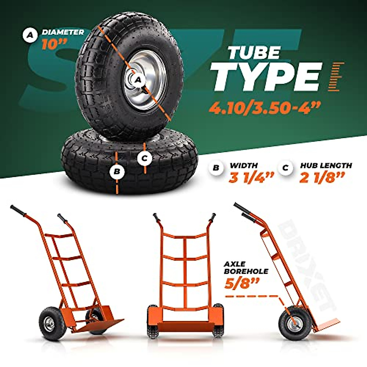 10" Heavy Duty 4.10/3.50-4 Tire - Dolly Wheels and Hand Truck Wheels Replacement - 4.10 3.50-4 Tire and Wheel for Gorilla Cart, Generator, Lawn Mower, Garden Wagon. 5/8" Axle Borehole (2 Pack) Ram-Pro