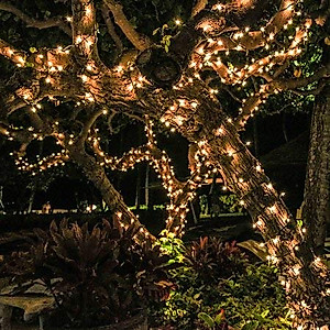 OZS-105FT 300LED Warm White Solar Christmas String Lights Outdoor, Waterproof 8 Modes Green Wire Christmas Tree Lights for Garden, Christmas Decorations (Warm White)