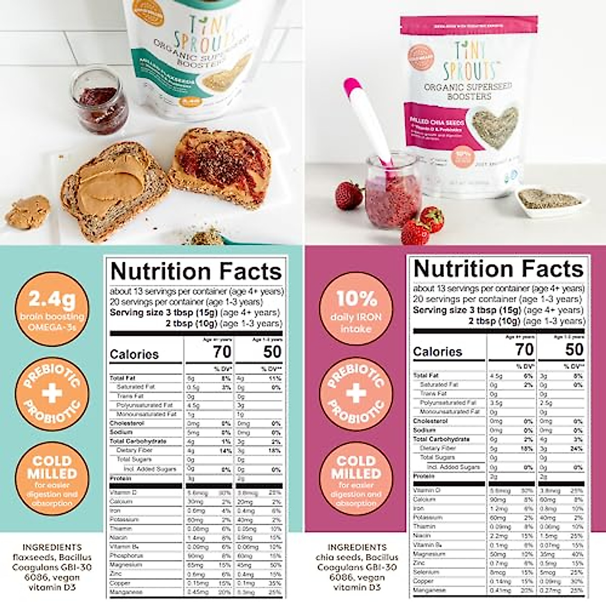 Tiny Sprouts Foods Organic Superseed Boosters with VITAMIN D + PROBIOTICS High OMEGA 3s Fiber Protein Iron Magnesium Designed for Babies Toddlers & Kids Gluten-free Vegan Non GMO (7oz x 4Variety Pack)