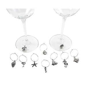 Palm City Products 10 Piece Beach Themed Wine Charm Set - Nautical Stemmed Wine Glass Charms