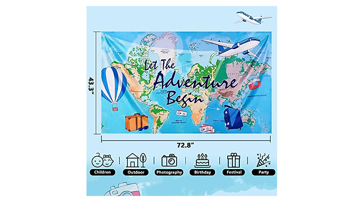 Bon Voyage Travel Party Backdrop - Adventure Awaits Decor