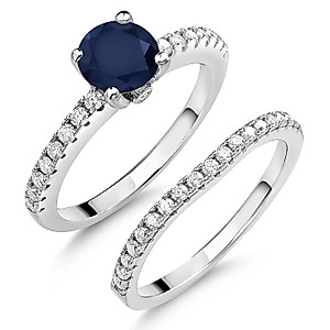 Gem Stone King 925 Sterling Silver Blue Sapphire and White Moissanite Wedding Engagement Band Bridal Set Ring For Women (1.59 Cttw, Gemstone September Birthstone, Available In Size 5, 6, 7, 8, 9)