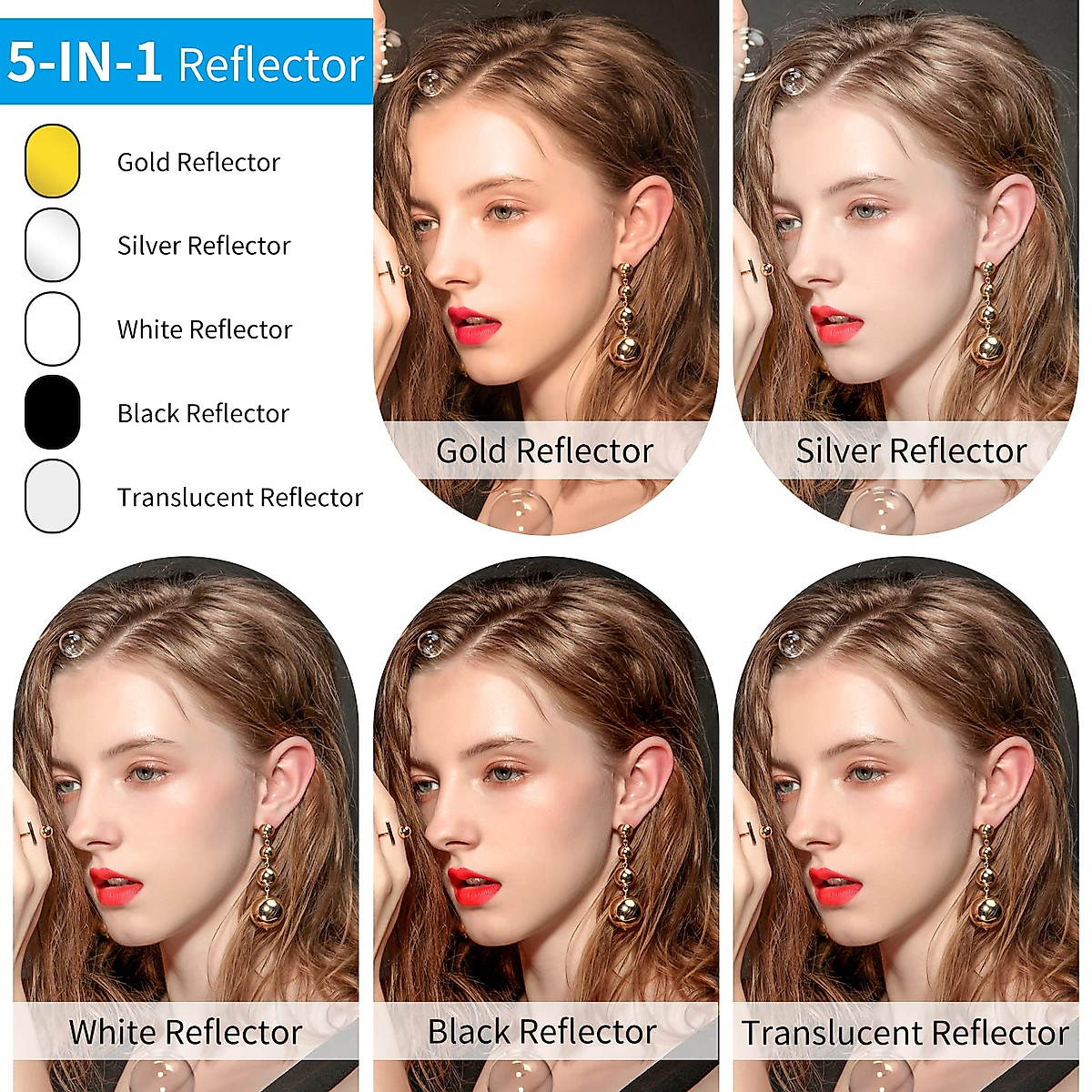 FOTOCREAT Portable 5-in-1 Oval 60”X80”/150X200cm Reflector Translucent Professional Collapsible Multi-Disc Light Reflector with Handles Silver, Black, Gold, White Surface for Photography Photo Studio