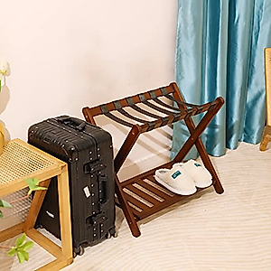 ArtsPavilion Fully Assembled Luggage Rack, Bamboo Folding Luggage Rack Suitcase Stand with Storage Shelf for Home Guest Room Bedroom Hotel
