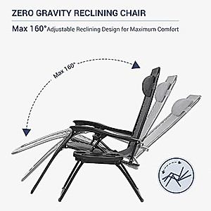 BELLEZE Zero Gravity Chairs Set of 2, Outdoor Adjustable Folding Lawn Chairs Recliner Chairs with Cup Holder Pillow, Lounge Chairs for Patio Camping Garden Beach Pool Side Deck, Gray