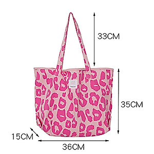 Women's Large Capacity Casual Totes Y2k Aesthetic Pink Leopard Shoulder Bag Cute Canvas Bags Bucket Handbag Office School Bookbag (Pink)