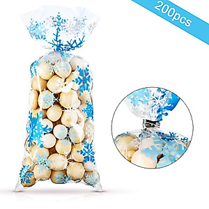 Christmas Cellophane Bags Winter Snowflake Holiday Treat Bags Blue Plastic Candy Goodie Bags with Twist Ties for Winter Xmas Wonderland Birthday Holiday Party Favors(100 Counts)