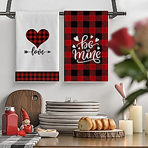 Artoid Mode Buffalo Plaid Kitchen Dish Towels Love Truck, 18 x 26 Inch Seasonal Valentine's Day Anniversary Wedding Ultra Absorbent Drying Cloth Tea Towels for Cooking Baking Set of 4