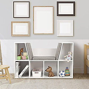 MUPATER Kids Reading Nook Organizer with Storage Bookshelf and Detachable Cushions, 6-Cubby Bookcase Cabinet for Kids Room and Bedroom, White