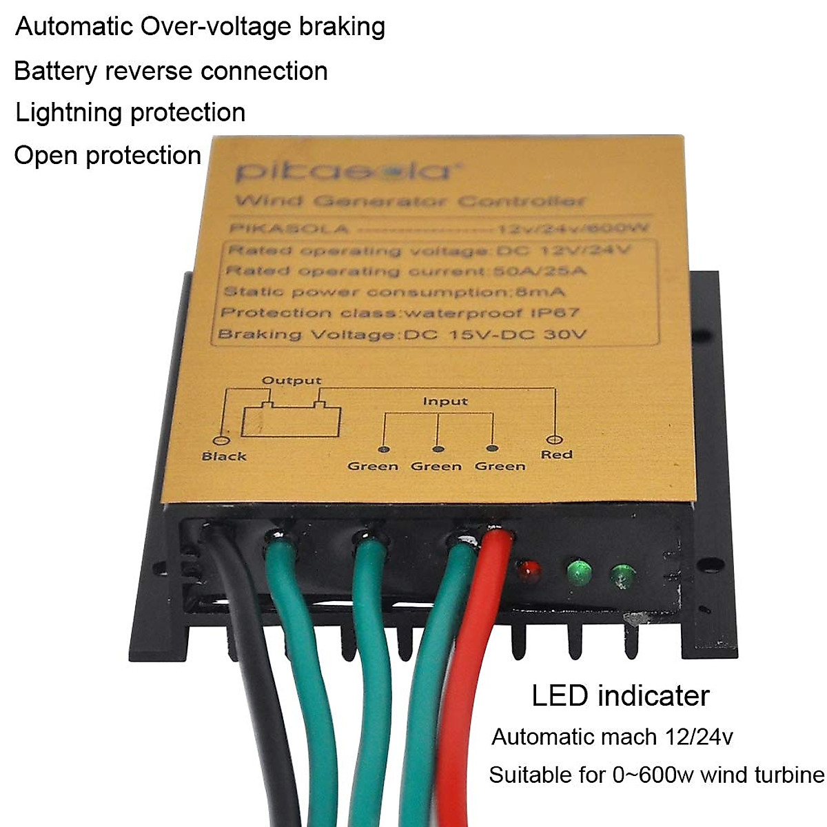 Pikasola Wind Turbine Charge Controller Mini Wind Turbine Generator Controller IP67 Waterproof 12V/24V Automatic Controller Suitable for 400Watt 500Watt 600Watt Wind Turbine System