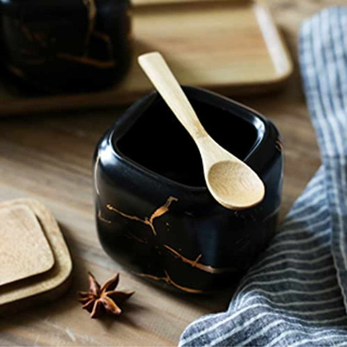 Dicunoy Ceramic Salt and Sugar Container, Condiment Jars with Lids and Spoons, Marble Seasoning Spice Pots Bowl, Pepper Sellar with Wooden Tray for Serving, Counter, Home, Kitchen